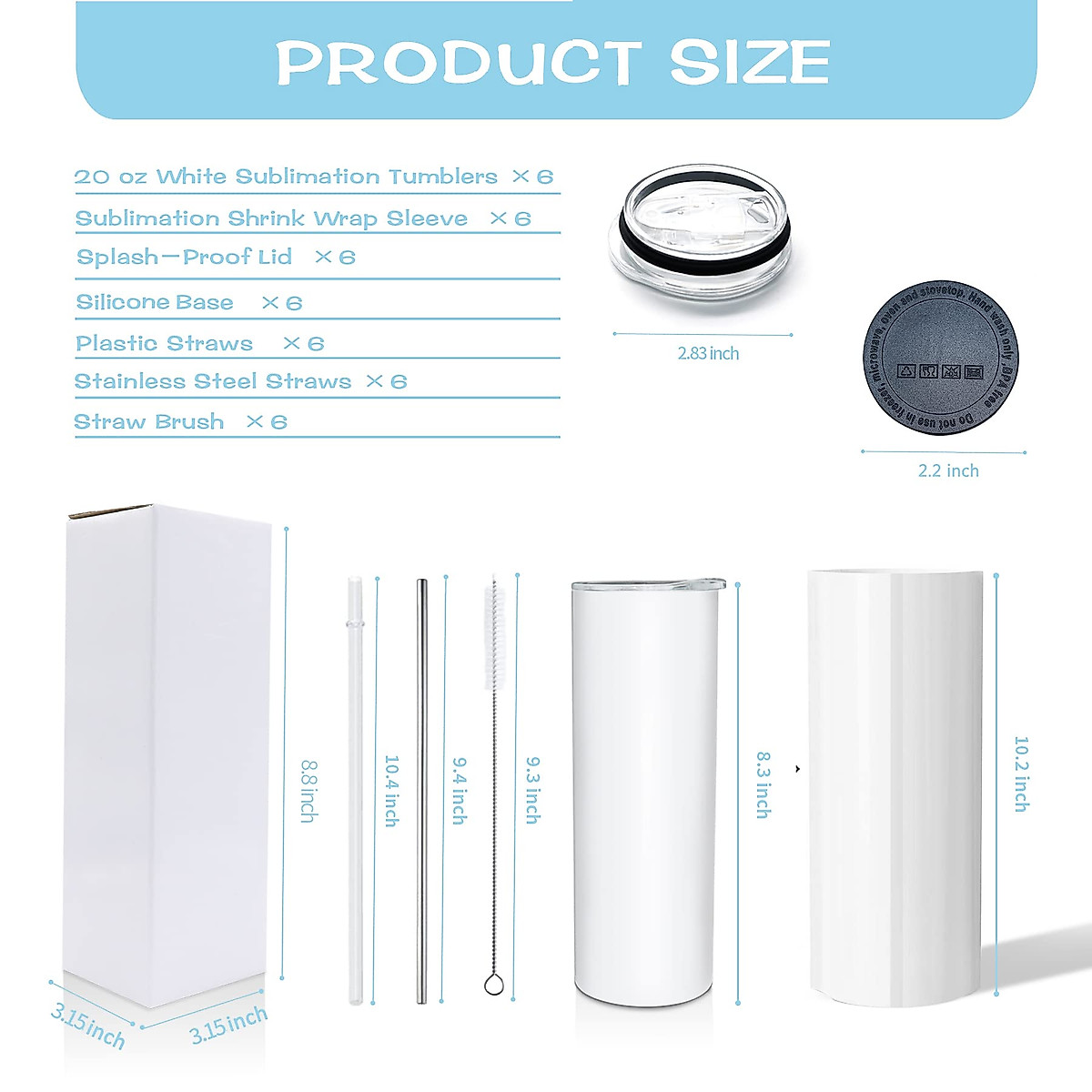 VEVELU 6 Pack Sublimation Tumblers 20 oz Skinny Straight - Stainless Steel 20 oz Sublimation Blank with Lids and Double Straws, Wall Insulated White Cups for Heat Press