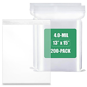 200-Count, (13" x 15") - 4 Mil Thickness Clear Zipper Reclosable Bag, Zip Bags, Ultra Heavy Duty Lock Seal Poly Plastic Bags for Prints, Photos, Documents, Clothing, T-Shirt