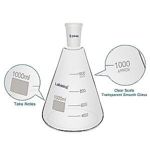 Labasics Glass 24/40 Erlenmeyer Flask, Borosilicate Glass Heavy Wall Flask with 24/40 Standard Taper Outer Joint, 1000 ml
