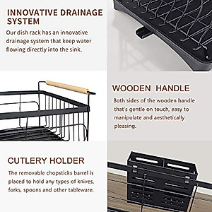 BRIAN & DANY Dish Drying Rack with Drip Tray, Stainless Steel Dish Drainer with Wooden Handles and Cutlery Holder, 18.4 x 12.5 x 9 inches, Black