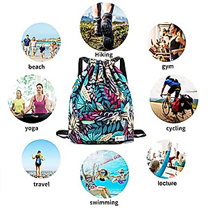 Risefit Water Resistant Drawstring Bag, Gym Bag Sackpack Sports Beach Backpack for Men Women (Blue Leaves)