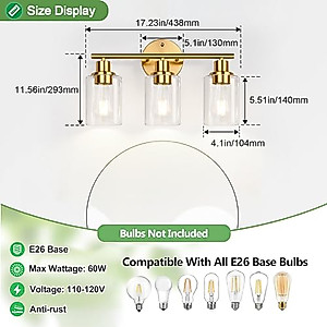 3-Light Gold Bathroom Light Fixtures, Modern Bathroom Vanity Light with Clear Glass Shade, Brushed Gold Bath Wall Mount Lights, Wall Lamp for Mirror Kitchen Bedroom Hallway Living Room Hallway