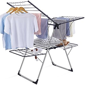 APEXCHASER Clothes Drying Rack, Foldable 2-Level Laundry Racks for Drying Clothes Rack, with Height-Adjustable Wings, Indoor/Outdoor Portable Dryer for Clothing and Towels