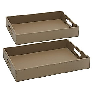 2-Pack Wooden Nesting Serving Tray Set with Stitched Faux Leather Skin and 2 Handles, Slip-Resistant Breakfast Service Tray in 2 Sizes (13.8x9.9x2.3 and 15.8x12x2.5 in, Taupe)