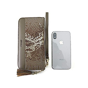 CYANB Women Wallets Tassel Bifold Ladies Cluth Wristlet Wrist strap Long Purse Snake Print Sequins Dark Brown