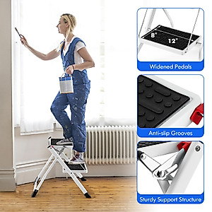 Goplus 2 Step Ladder, Lightweight Folding Step Stool with Anti-slip Pedals, Non-slip Foot Covers, Heavy Duty Metal Stepladder for Household, Kitchen, 330 LBS Weight Capacity, White & Black