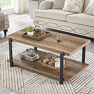 FOLUBAN Industrial Coffee Table with Shelf, Wood and Metal Rustic Cocktail Table for Living Room, Oak