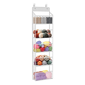 Univivi Door Hanging Yarn Storage Organizer, Knitting and Crochet Organizer Yarn Ball Storage with 5 Clear Plastic Pockets & 2 Big Metal Hooks for Knitting Needles, Crochet Hooks, Yarn Balls