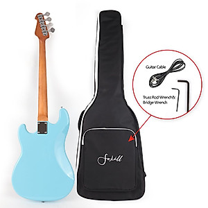 Fojill Full Size Standard Electric Bass Guitar Four 4 String Right Hand Handed Basswood Body Roasted Canadian Maple Neck Genuine Rosewood Fretboard Fingerboard with Gig Bag (Blue)