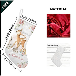 Yeshop Deer Bunny Floral Pink Woodland Personalized Christmas Stockings with Name 1 Pc for Adult Kids Baby Pets, Custom Large Family Stockings for Girl Boy Christmas Xmas Holiday Decorations Gifts