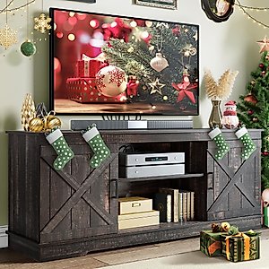 YITAHOME TV Console for 65 Inch TV, Farmhouse TV Stand with Double Barn Doors and Storage Cabinets, Mid Century Modern Media Console Table TV Cabinet for Living Room, 59 Inches, Dark Oak