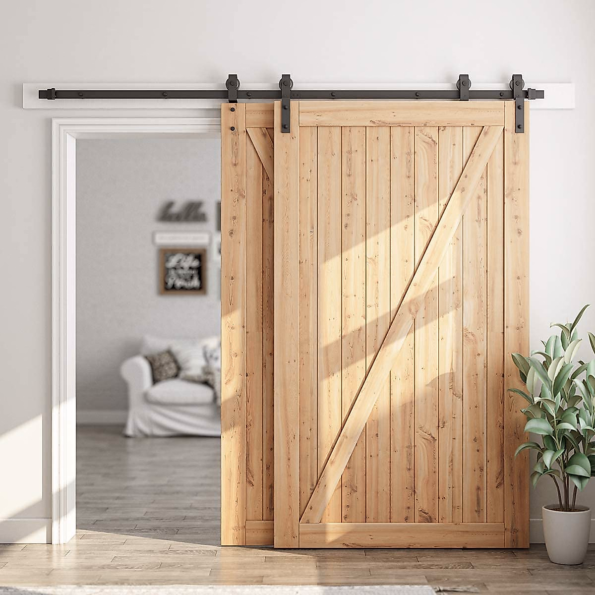 SMARTSTANDARD 8 Feet Bypass Sliding Barn Door Hardware Kit - for Double Wooden Doors-Single Track - Smoothly & Quietly - Easy to Install-Fit 84" Opening