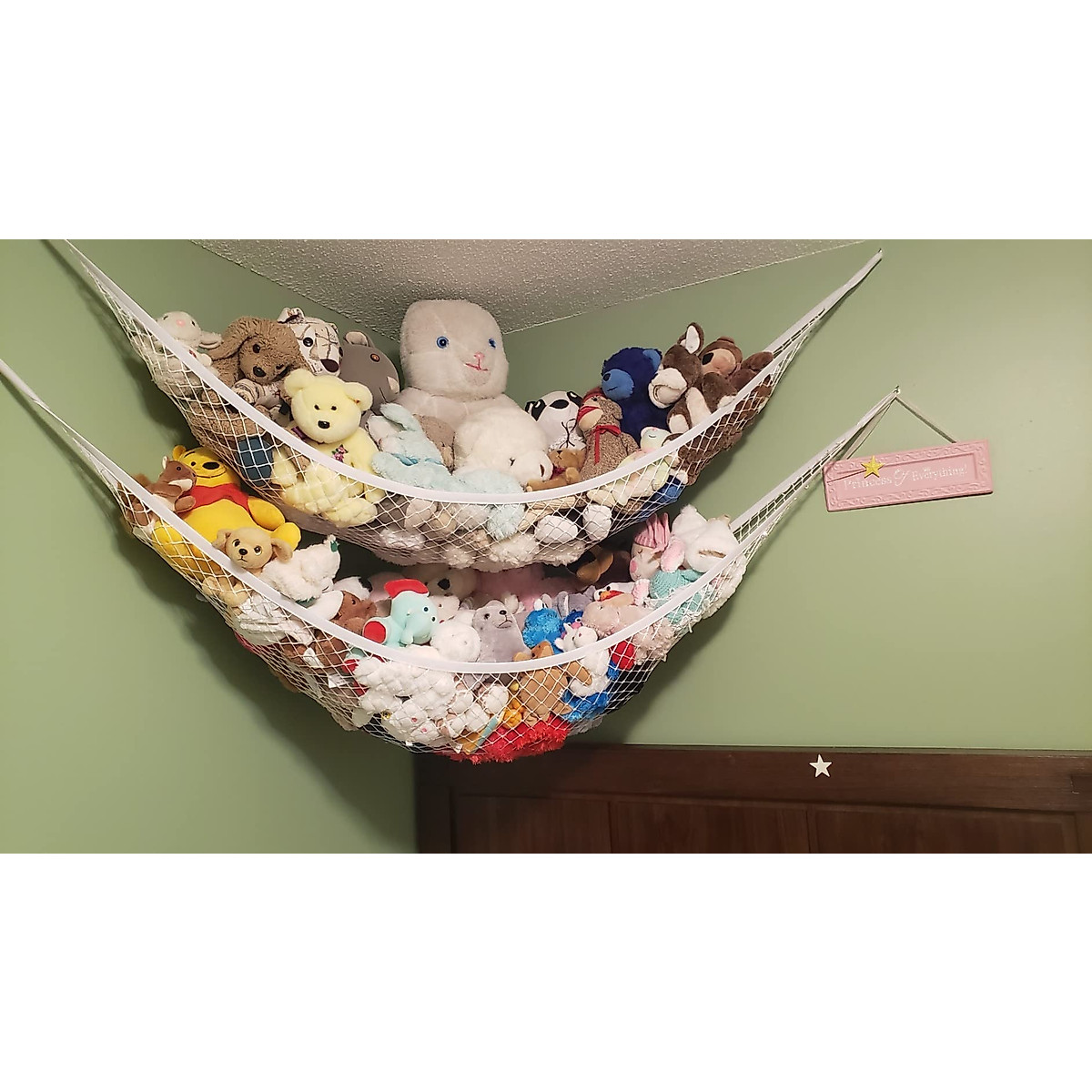 Toy Hammock, Huijukon Jumbo Corner Toy Hammock Toy Storage Net Hammock Collection Organizer for Stuffed Animals Squishmallows Cuddly Plush Soft Toys | Size: 86" x 60" x 60" (White)