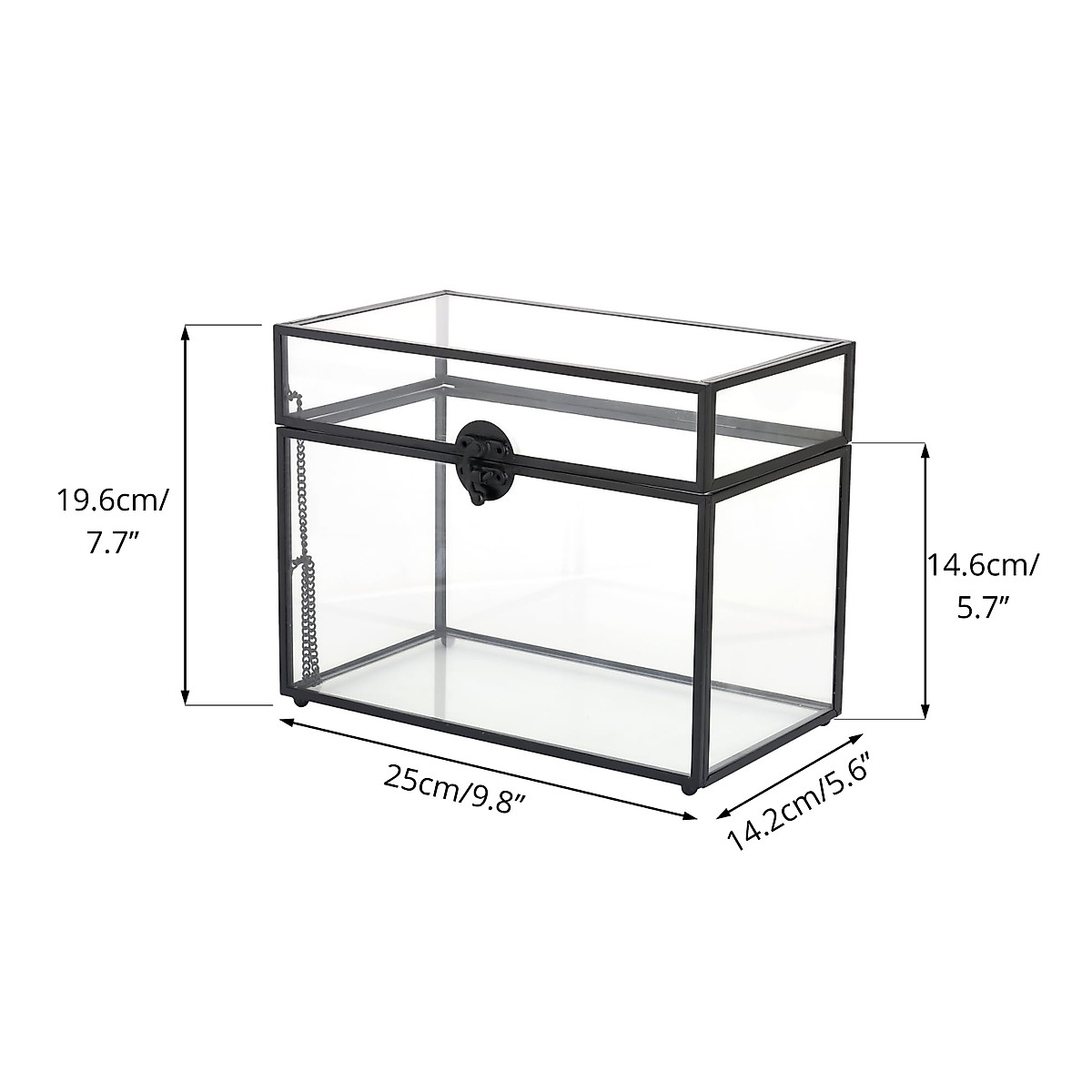 NCYP 9.8 x 5.6 x 7.7 Inch Glass Card Box with Lid for Wedding Reception, Envelope, Keepsake - Vintage Terrarium Container, Clear Party Centerpiece, Black (Glass Box Only)