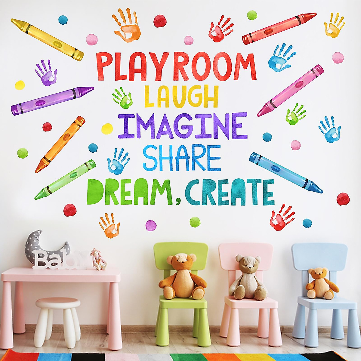 Mfault Playroom Wall Decals Stickers, Crayon Handprint Polka Dots Inspirational Quote Nursery Decorations Daycare Art, Laugh Imagine Share Dream Create Toddler Kids Room Bedroom School Classroom Decor