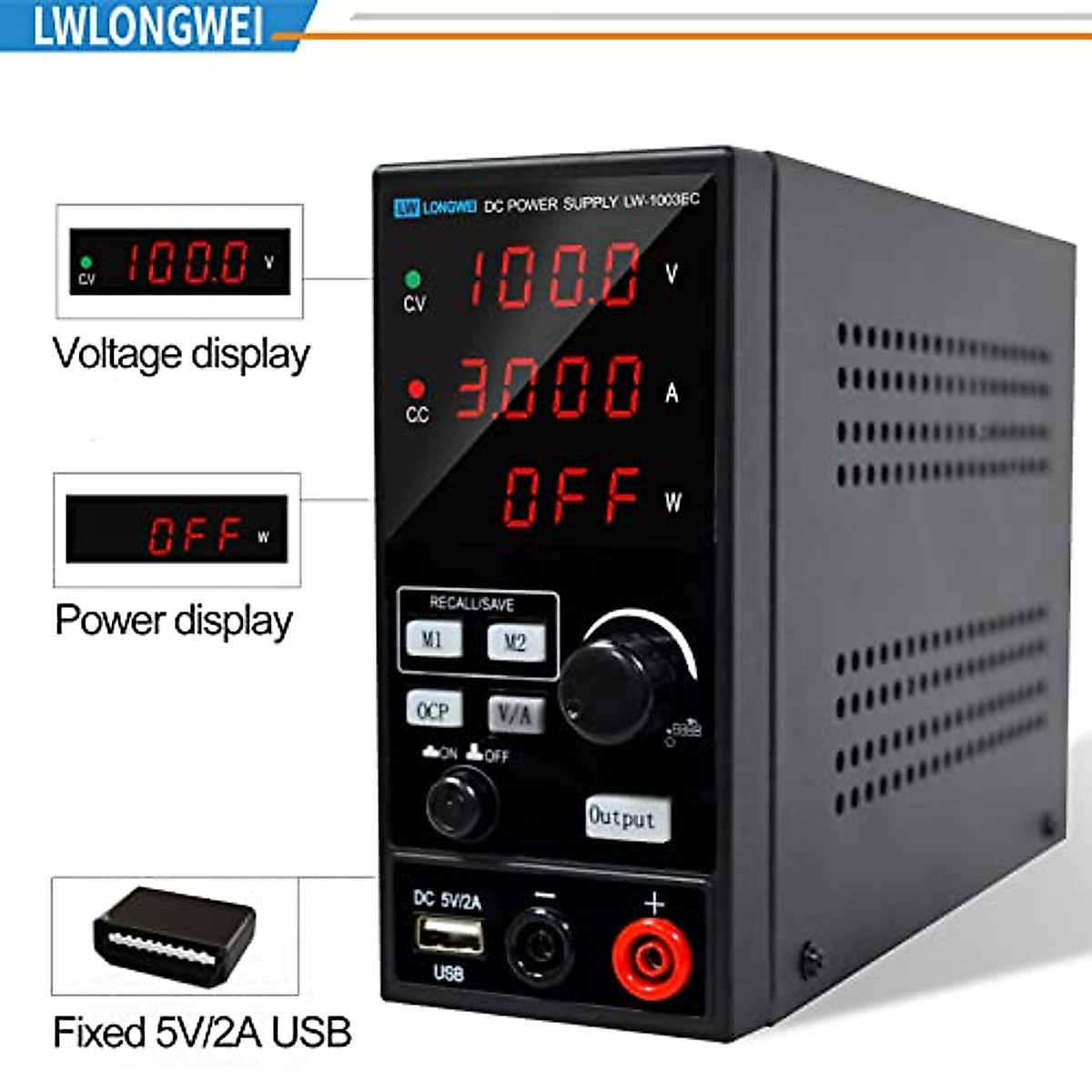 Lwlongwei Programmable DC Power Supply Variable, 100V 3A 300W Adjustable Switching Regulated DC Bench Power Supply with 4-Digits LED Power Display 5V/2A USB Output, Coarse and Fine Adjustments