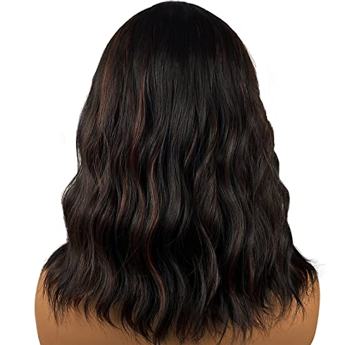 MIMISERVICE Black Short Wavy Wig with Bangs for Women Shoulder Length Black with Brown Bob Curly Women's Charming Synthetic Wigs with Natural Wavy Heat Resistant Hair for Daily Party Use