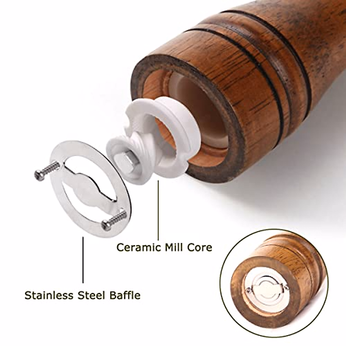 Wooden Pepper Grinder Pepper Mill, Coarseness Adjustable Peppermill, Refillable Salt Mill, Ceramic Grinding Mechanism - 8inch Tall