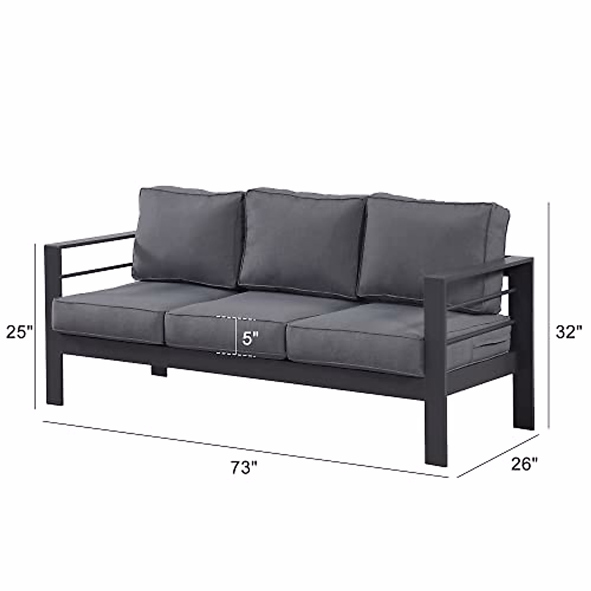 Wisteria Lane Patio Furniture Aluminum Sofa, All-Weather Outdoor 3 Seats Couch, Gray Metal Chair with Dark Grey Cushions