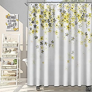 SUMGAR Yellow Flower Shower Curtain Bathroom Fabric Grey Floral Polyester Cloth Farmhouse Boho Rustic Summer Decorative Washable Shower Curtains Set with Hooks 72 x 72 Inch
