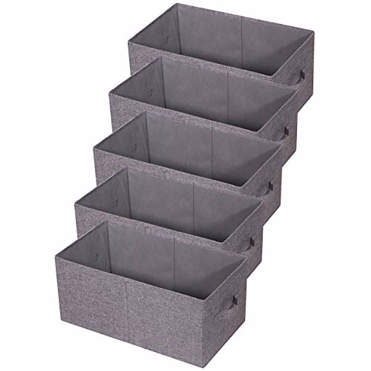 TENABORT Set of 5 Closet Organizer Bins with Handle, Linen Fabric Foldable Storage Baskets Cloth Box Containers for Shelves Home Office Clothes Clothing, Gray, Jumbo