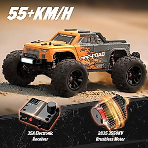 Hosim Brushless RC Car, 1:16 55+KMH 4WD Fast Remote Control Truck for Adults, Radio Cars Off-Road Waterproof Hobby Grade Toy Crawler Electric Vehicle Gift for Boys Children (Orange)