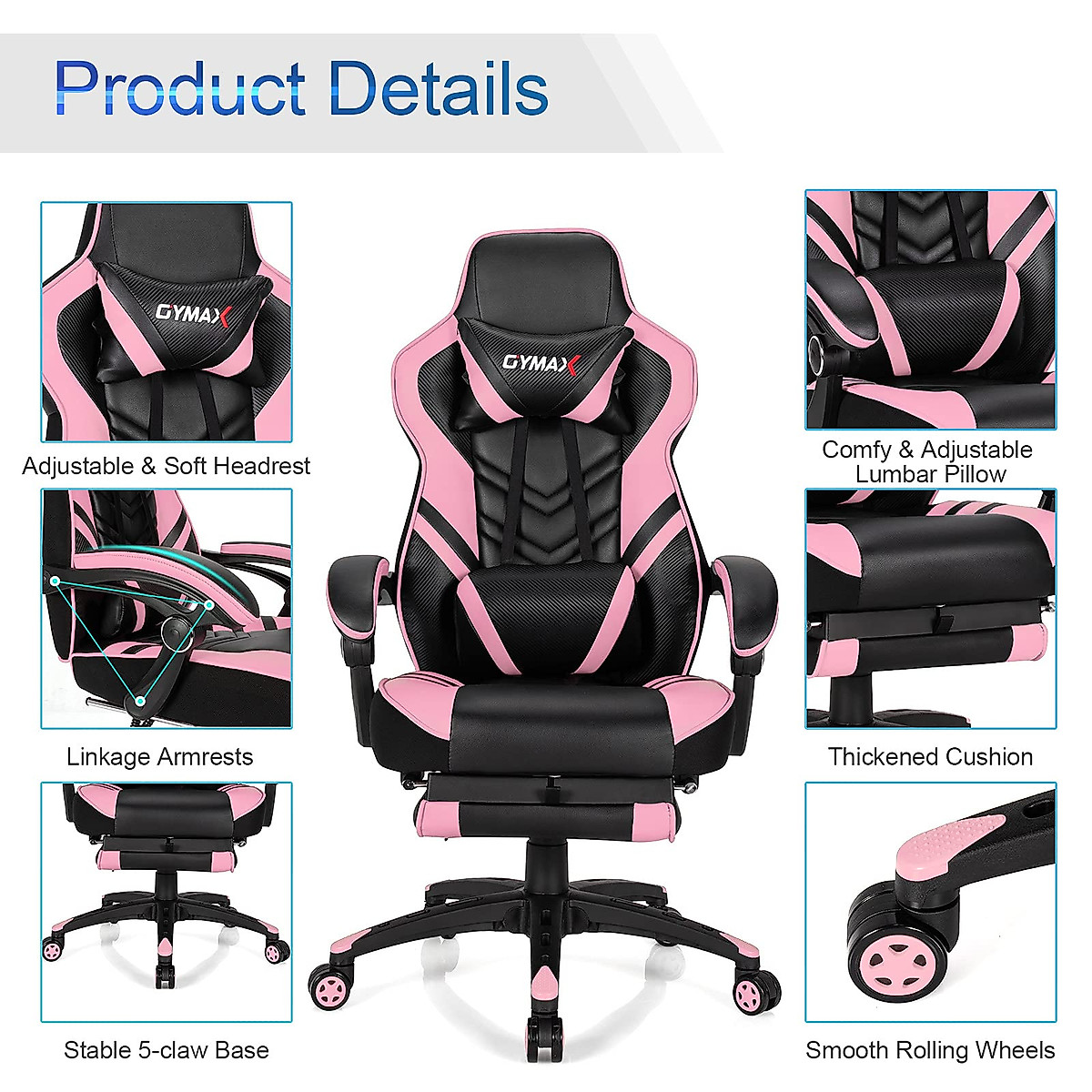 GYMAX Gaming Chair, Ergonomic Computer Chair with Footrest, Linkage Armrests & Lumbar Cushion, Big Wide High Back Video Gaming Chair, Reclining Office Rolling Chair for Adult/Teens (Pink)