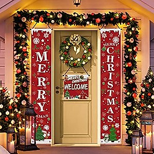 Christmas Porch Decorations Door Banner, Merry Christmas Xmas Outside Decor - MERRY CHRISTMAS - Hanging Christmas Red Sign Cover for Outdoor Indoor Porch Front Door Garage Hoom Welcome Signs Decor