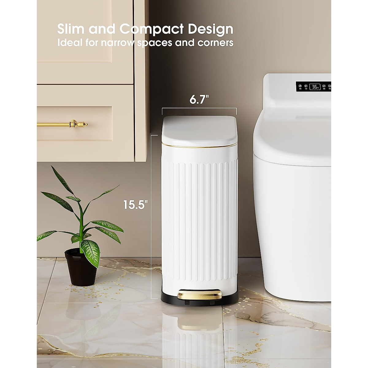 CEROELDA White Bathroom Trash Can with Lid-10L/2.6 Gallon Stainless Steel Step Slim Garbage Can-Rectangle Pedal Trash Bin for Narrow Office, Kitchen, Bedroom, Toilet-Soft Close (B-White/2.6 Gallon)