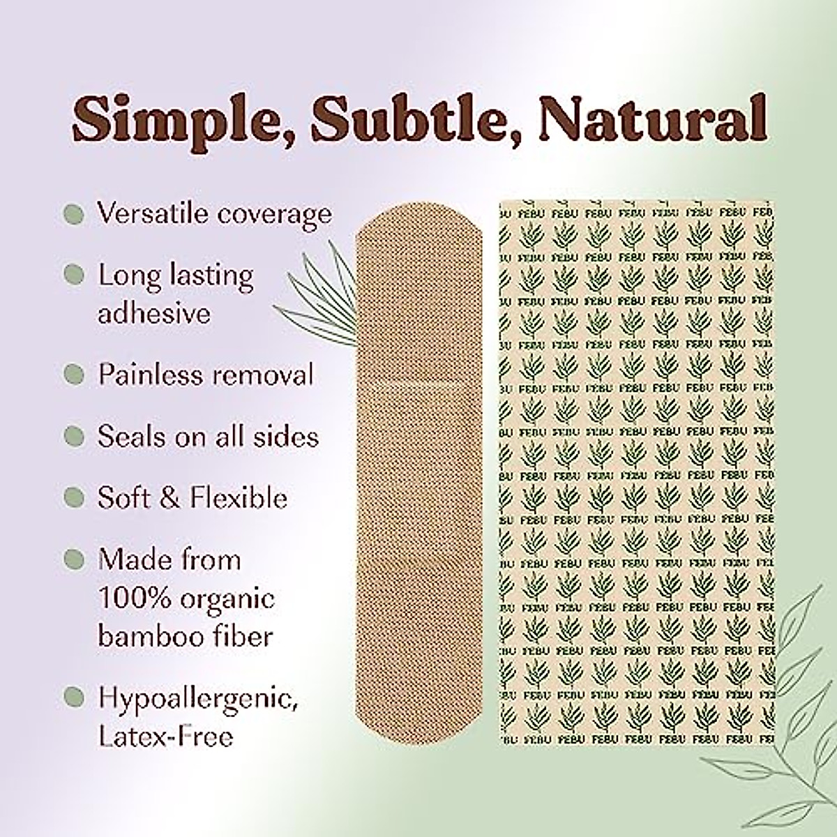 FEBU Eco-Friendly Organic Bamboo Fabric Bandages for Sensitive Skin | PFAS Free Flexible Latex Free Bandages | Natural Hypoallergenic Bandages for Scrapes, Cuts & First Aid | 75 Count Variety Pack