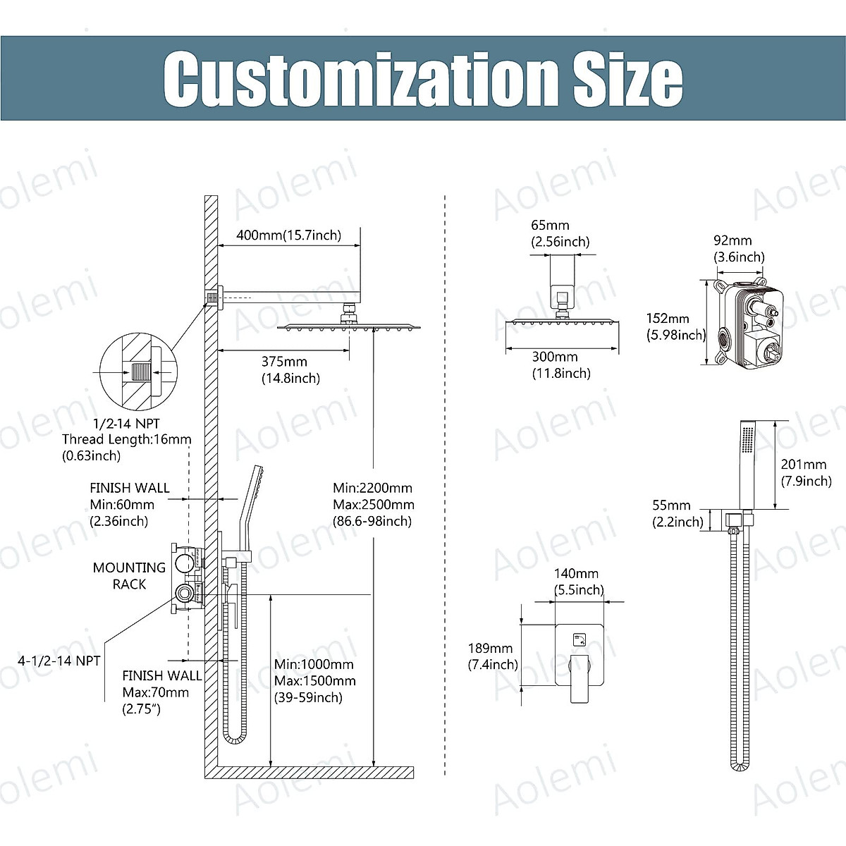 Aolemi Rainfall Shower System 12 Inch Shower Head Brushed Nikcel Combo Set with Handheld Shower Rough-In Valve Included Wall Mount Bathroom Shower Mixer Faucet