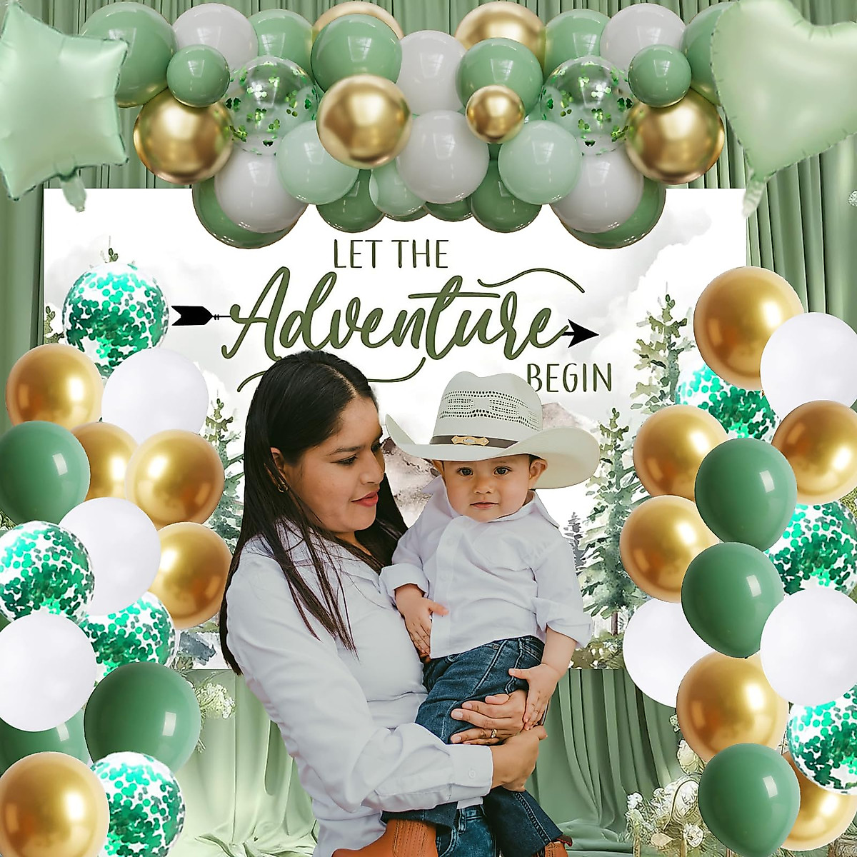 Adventure Awaits Baby Shower Decorations Let The Adventure Begin Backdrop Banner,Tablecloth,Sage Green Balloon Garland for Travel Themed Forest Mountains Woodland Animals Birthday Party Supplies Decor