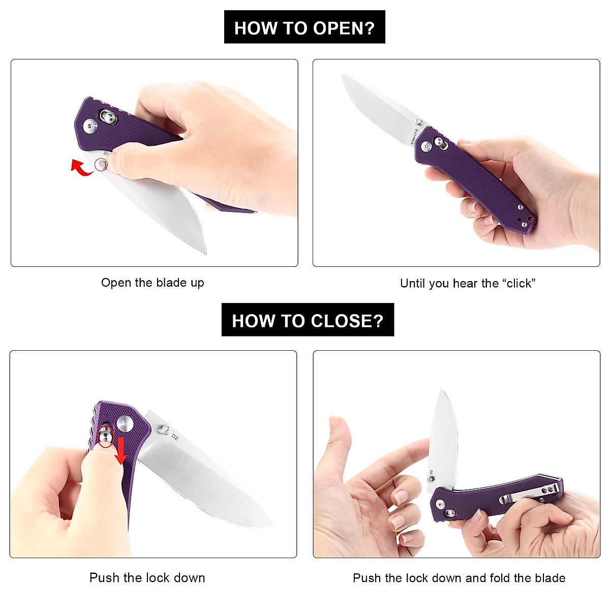 EMHTiii Pocket Folding EDC Knife: 3.14" D2 Steel Satin Sharp Blade, G10 Scales, Crossbar Axis Lock, Reversible Clip, Great Gifts for Men Women Camping Hiking Outdoor, Purple