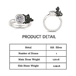 Jeulia Gothic Skull Round Cut Rings: Sterling Silver Hug Me Diamond Skeleton Solitaire Band Ring Wedding Promise Anniversary Halloween Romantic Jewelry for Women with Gift Box (Black Cat, 5)