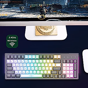KOLMAX GK98 Wireless Gaming Keyboard,2.4G Rechargeable RGB Gaming Keyboard,RGB Backlit Ergonomic 98 Keys Mechanical Feeling Keyboard for Windows Mac PC Xbox PS4 Gamers(GreyWhite)