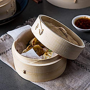 Yuho Asian Kitchen 6 Inch Bamboo Steamer Basket, Individually Box, 2 Tiers & Lid, 10 Parchment Liners, Perfect For Steaming Dumplings, Vegetables, Meat, Fish, Rice (Holiday Gifts)