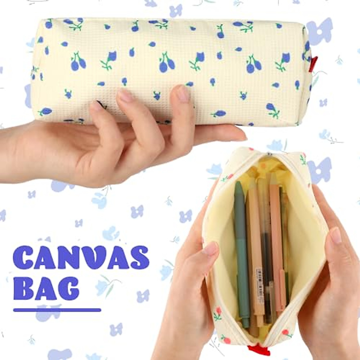 GEEHUA 2 Pcs Women Cute Floral Pencil Bag, Flower Zipper Pencil Case Simple Pen Bag Stationery Organizer Cosmetic Makeup Storage Bag Coin Pouch Holder Travel Office Accessories