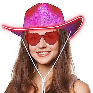 quescu Light Up Cowboy Hat for Women, Men,LED Cowgirl Hat,Sparkly Space Cowboy Hats for Party,Halloween Costume Dress Up (B-Pink)