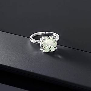 Gem Stone King 925 Sterling Silver Green Prasiolite Double Prong Ring For Women (3.33 Cttw, Cushion Checkerboard 10MM, Available In Size 5, 6, 7, 8, 9)