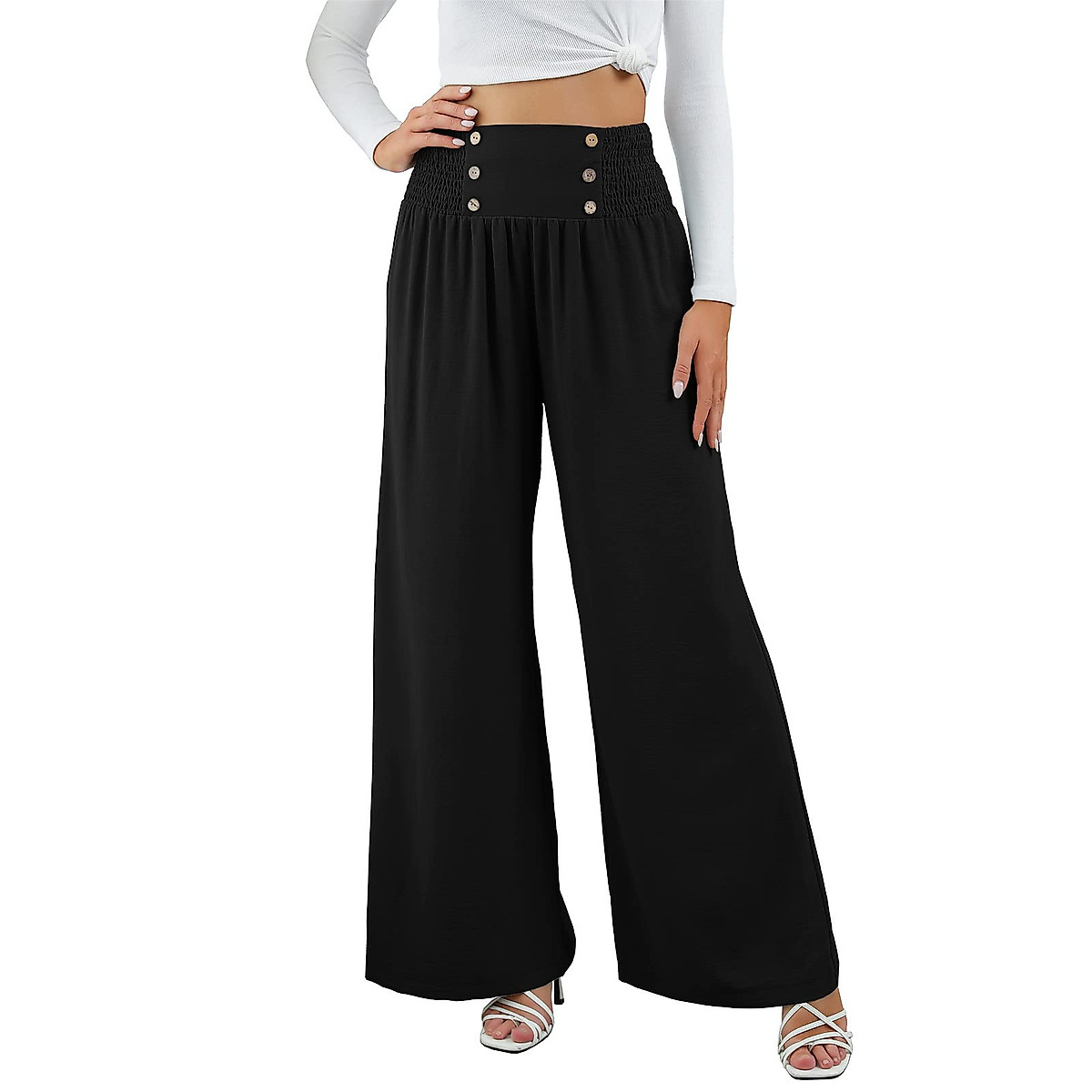 ODIZLI Palazzo Pants for Women Petite Wide Leg Trousers Women Elastic High Waist Wide Leg Dress Pants Flowy Beach Pants Boho Pants Casual Loose Lounge Trousers Linen Pants for Women Black XL