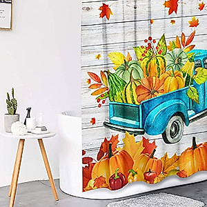 Tayney Truck with Harvest Pumpkin Shower Curtain Sets with Toilet Lid Cover and Non-Slip Rugs, Watercolor Autumn Maple Leaves 4 Pcs Shower Curtains for Bathroom, Vintage Fall Farmhouse Bathroom Decor
