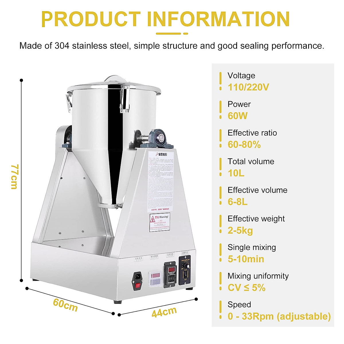 YUCHENGTECH 10L Lab Dry P-o-w-d-e-r Mixer Mixing Machine Particle Blender P-o-w-d-e-r Mixer Granual Blender for Food Chemical Medical 0-33 rpm (110V, 10L(2-5kg))