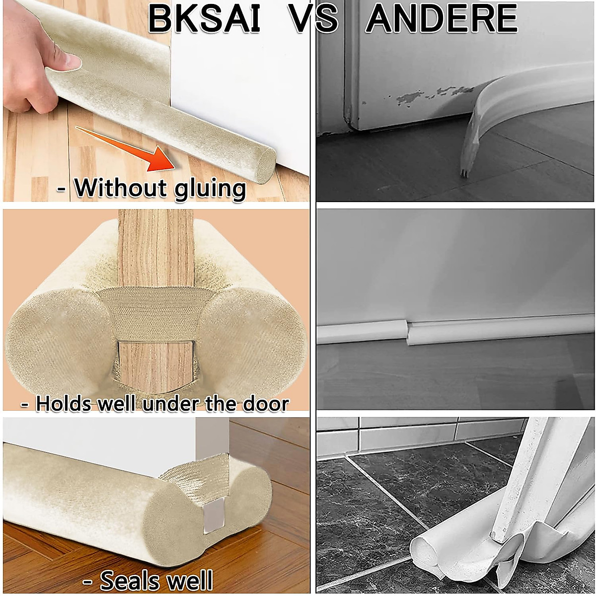 BKSAI Door Draft Stopper for Distance Under The Door up to 2" Draft Blocker Under Bottom of Door Seal Strip Draught Excluder Wind Blocker No Adhesive Bottom Seal Sound Blocker