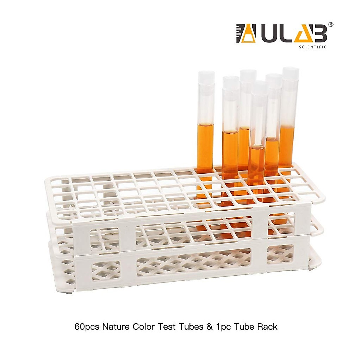 ULAB Scientific White Tube Rack and Plastic Test Tubes Set, Include 1pc of White Tube Rack, 60pcs of Plastic Macaroon Party Tubes Shot Glasses, Nature Color, UTR1015