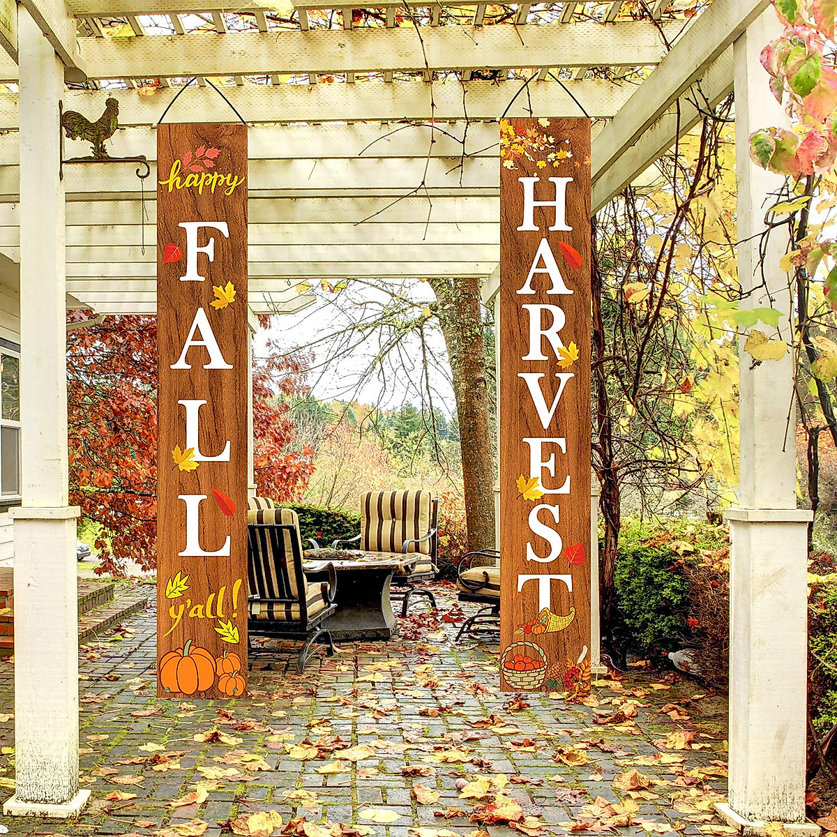 Whaline Fall Harvest Hanging Banner, Fall Porch Sign Autumn Pumpkin Maple Leaf Backdrop Flag for Home Yard Indoor Outdoor Wall Door Thanksgiving Party Decorations, 12 x 72 Inch
