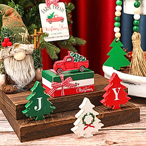 Christmas Tiered Tray Decor Christmas Book Stack Wooden Truck Tree Decor Farm Fresh Christmas Trees Wooden Block Sign Farmhouse Xmas Tree Gnomes Plush Beads Garland Decor Set for Home Table (Joy)