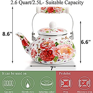 DEAYOU 2.6 Quart Enamel Tea Kettle Stovetop, Large Porcelain Enameled Teakettle, 2.5L Vintage Tea Pot with Ceramic Cool Handle, Colorful Floral Steel Teapot for Hot Water, Retro Decor, No Whistling