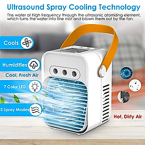 Portable Air Conditioner Fan,Personal Evaporative Air Cooler Quiet Desk Fan with Handle,Rechargeable Humidifier with 7 Colors Light,3 Speeds & 3 Spray Modes for Room Office Home Travel,White 2021s