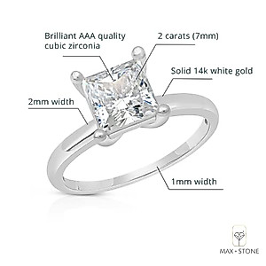 MAX + STONE 2 Carat Princess Cut Cubic Zirconia Solitaire Engagement Ring for Women | 14k Gold Engagement Ring | Simulated Diamond Ring | White Gold CZ Engagement Ring Size 6