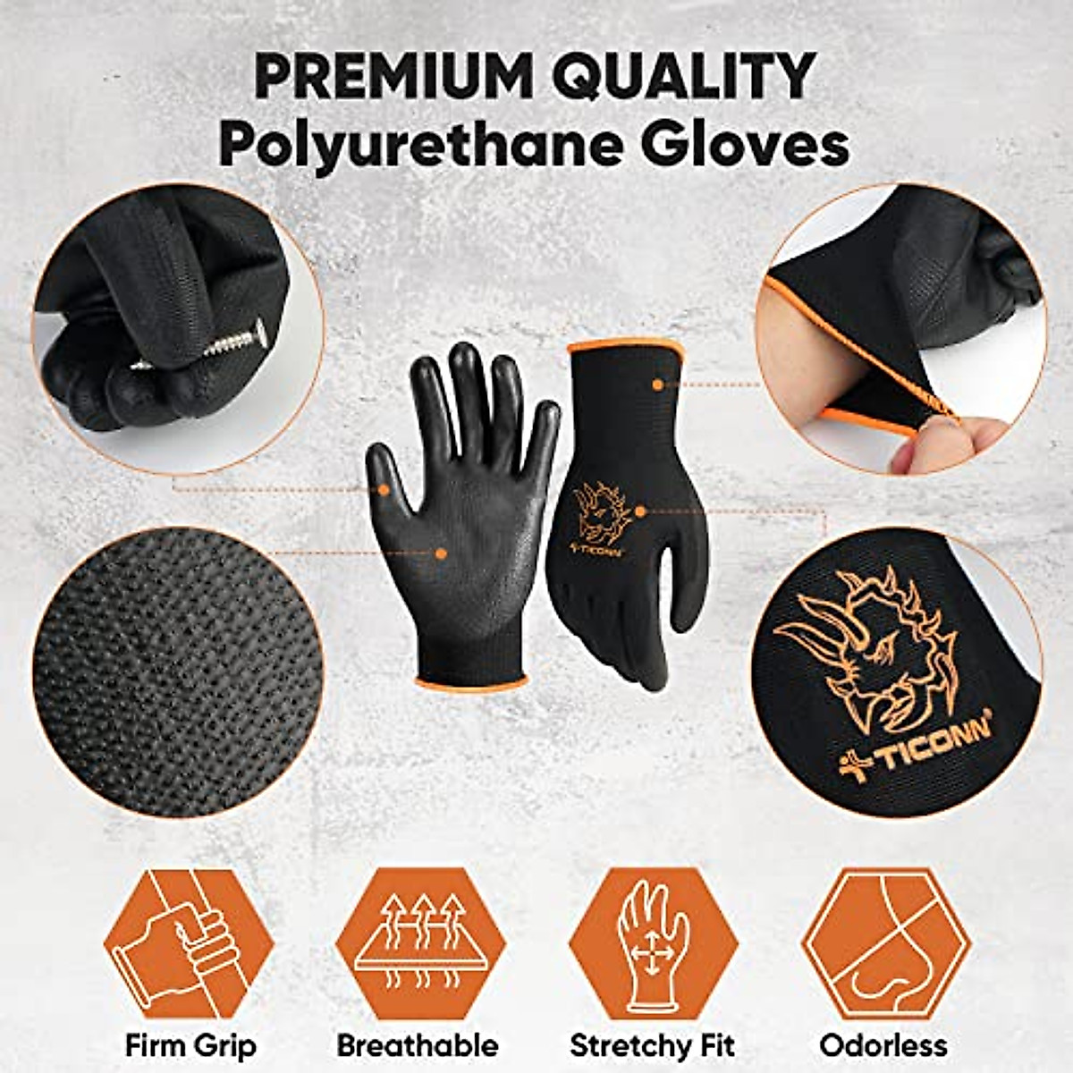 TICONN Work Gloves with Grip for Men and Women, All Purpose 3D Stretch Fit Slip Resistant PU Coated Grip Gloves (3 Pack, Medium)